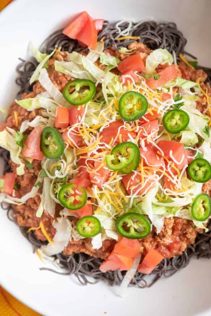 Taco Black Bean Spaghetti recipe - Make It Skinny Please